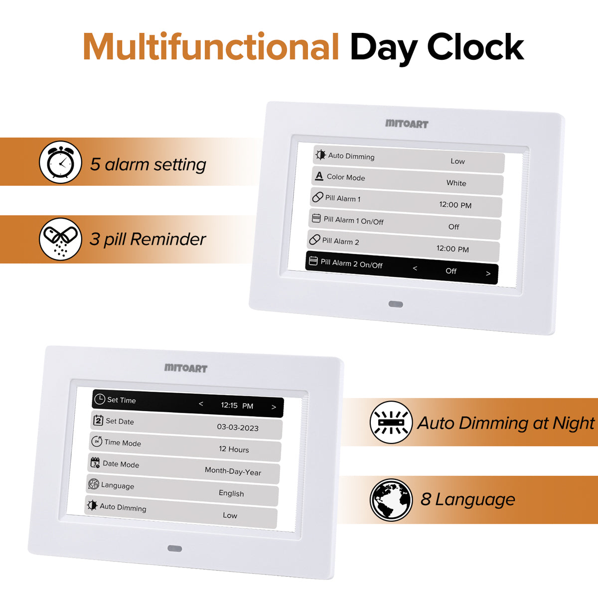7" Digital Calendar Clock with 8 Alarm/Medication Reminders – Eldertech